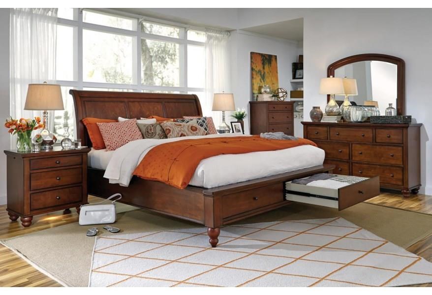 4P3270064 King Size Bed with Sleigh Headboard Drawer Storage Footboard Sadler s Home Furnishings Sleigh Beds